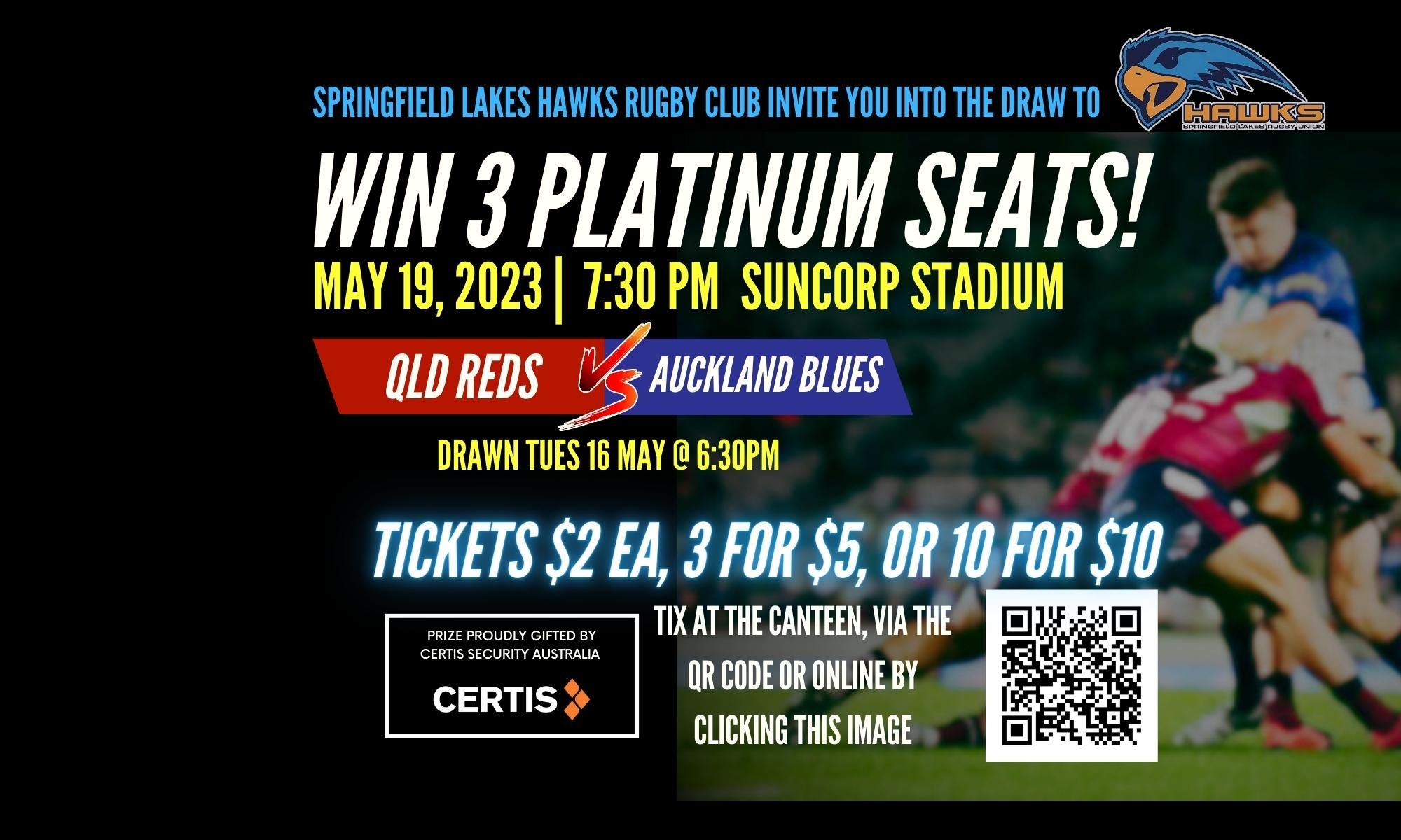 *DRAW MOVED TO 18TH MAY* 3 Platinum Tickets - Qld Reds vs Auckland ...